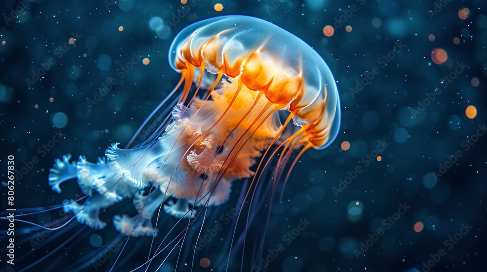 A jellyfish floating gracefully under deep sea light, its glow ...