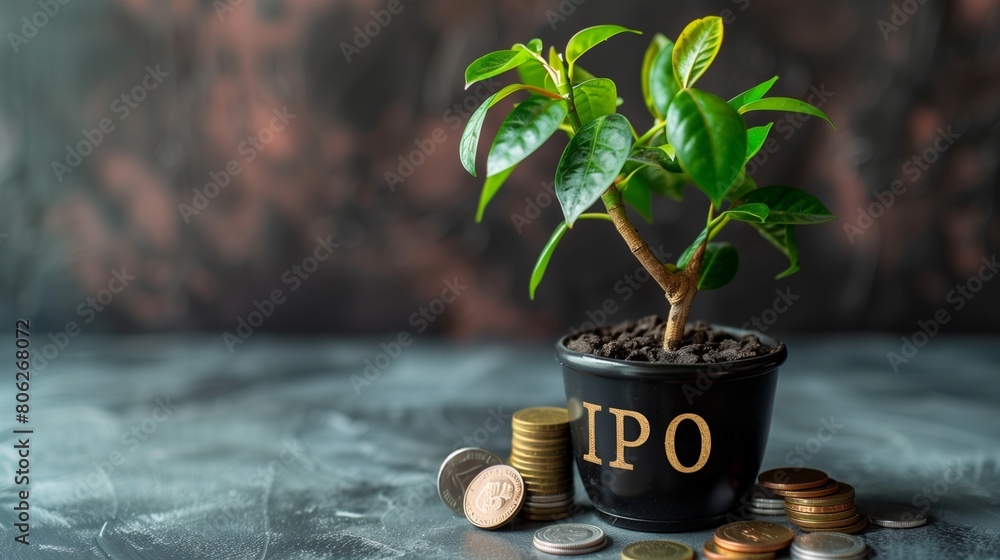Money tree with leaves sprouting from a shiny golden pot labeled IPO ...