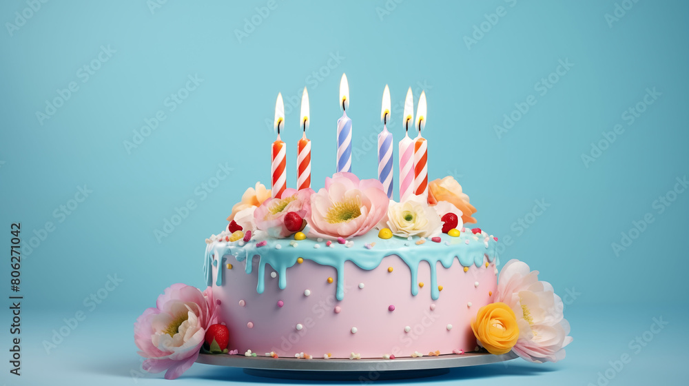 Whimsical birthday cake with flickering candles, presented against a serene pastel blue ...