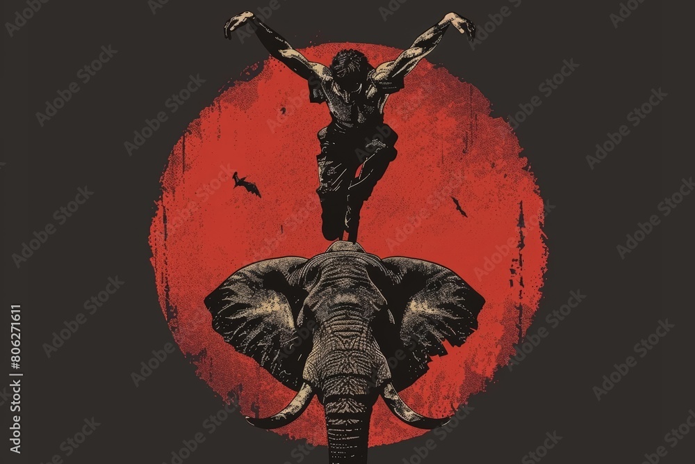 Horror themed t-shirt design of Atop an elephant's a performer balances ...
