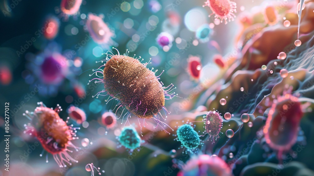 Poster Happy bacterial colony flourishing and dancing on human skin ...