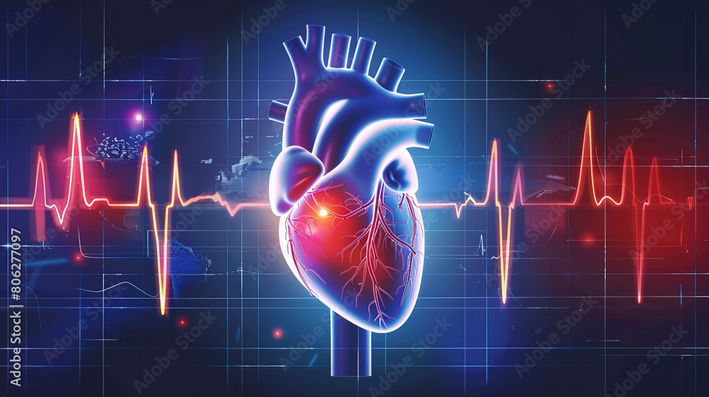 The normal sinus rhythm of the human heart, registering an electrocardiogram. Graphic ...