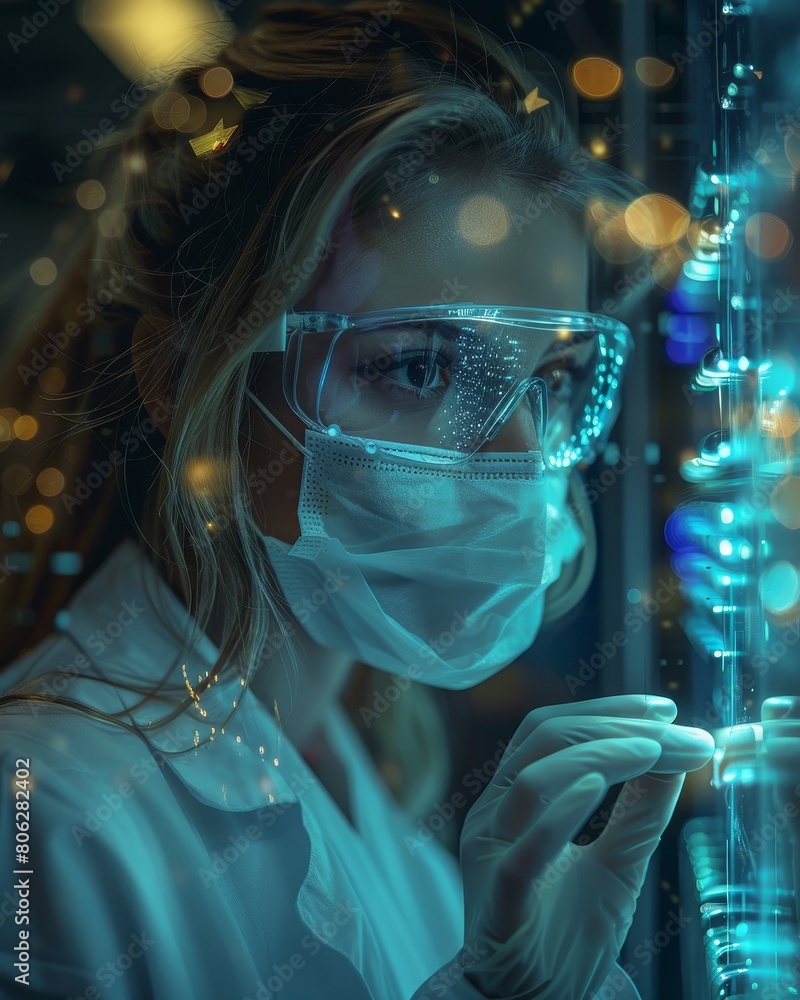 The scientist is wearing a lab coat, gloves, and safety goggles while ...