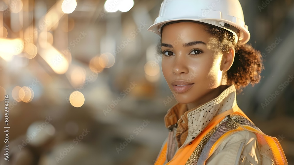 Confident woman in construction attire equipped with safety gear ready ...