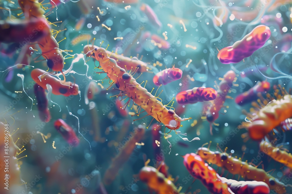 Colorful illustration of diverse bacillus bacteria with electrifying ...