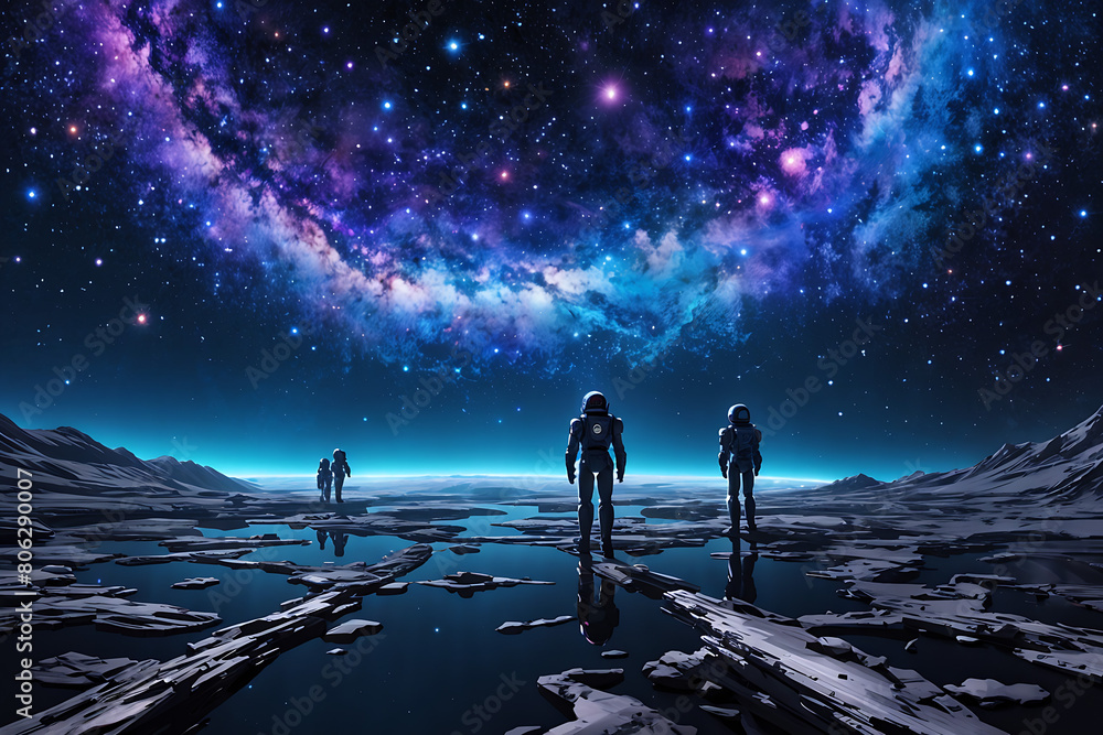 Sci-fi theme, robots floating amidst the cosmos, astral bodies ...