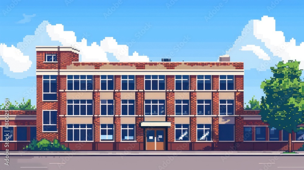 A charming pixel art illustration of a traditional school building with ...