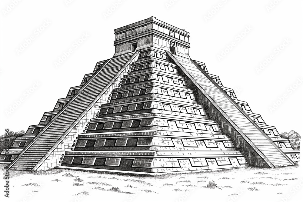 Black and white line drawing illustration of Chichén Itzá, Mexico. one ...