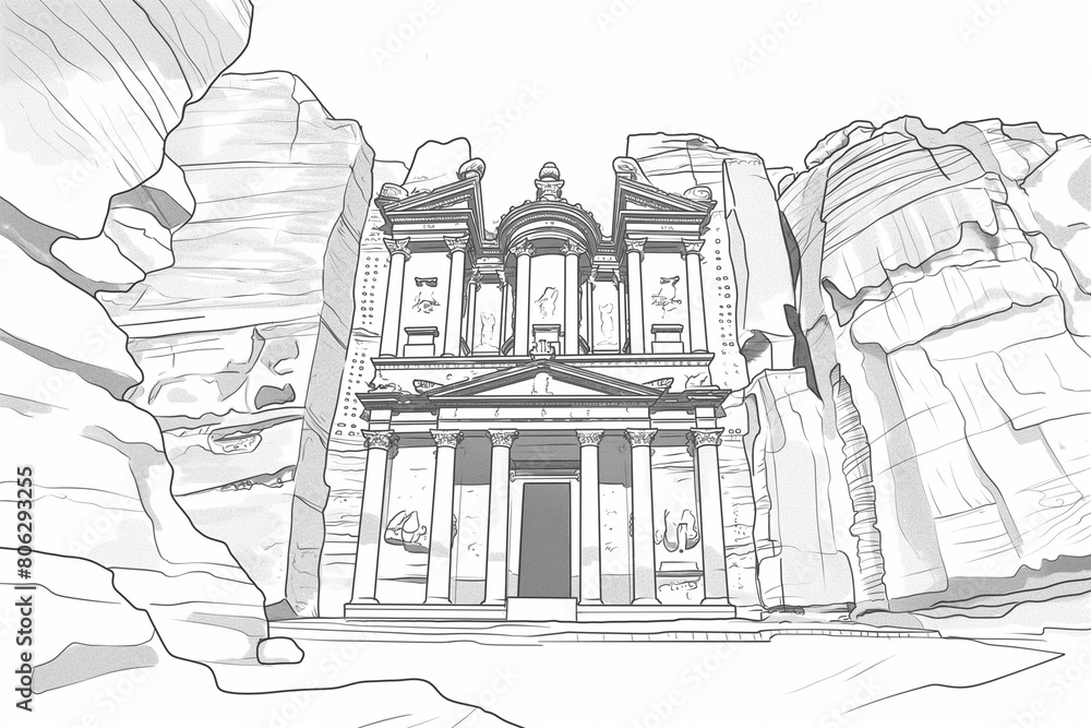Black and white line drawing illustration of petra, jordan. one of the ...