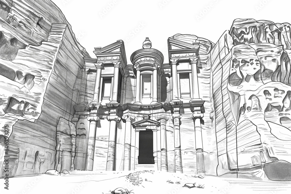 Black and white line drawing illustration of petra, jordan. one of the ...