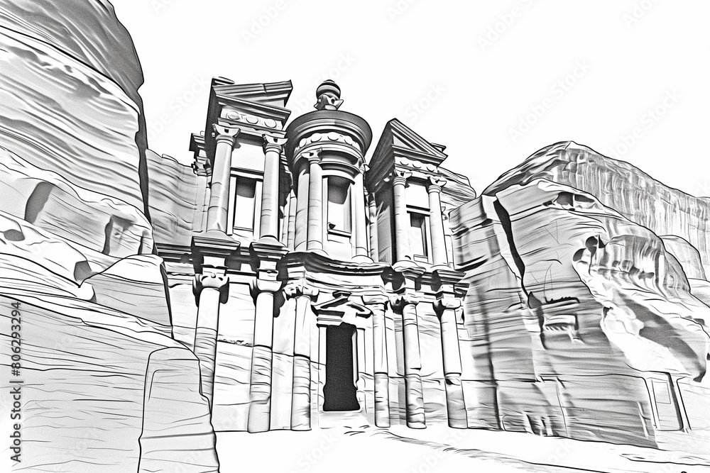 Black and white line drawing illustration of petra, jordan. one of the ...