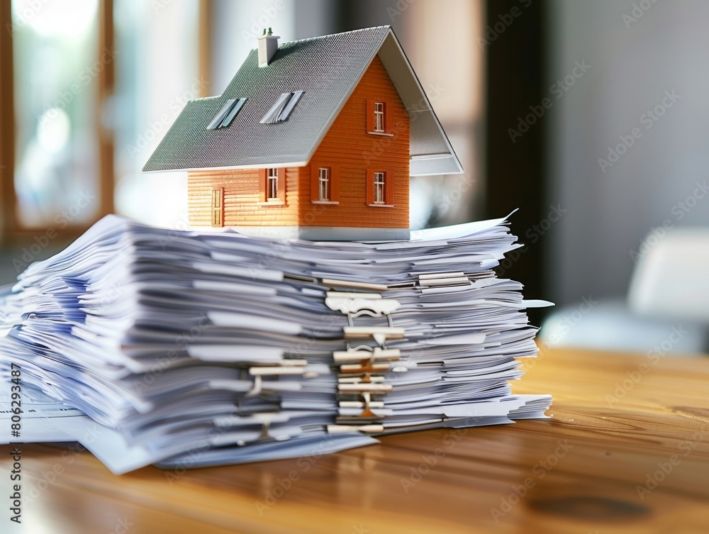 A house model sitting on a stack of paperwork representing the stack of ...