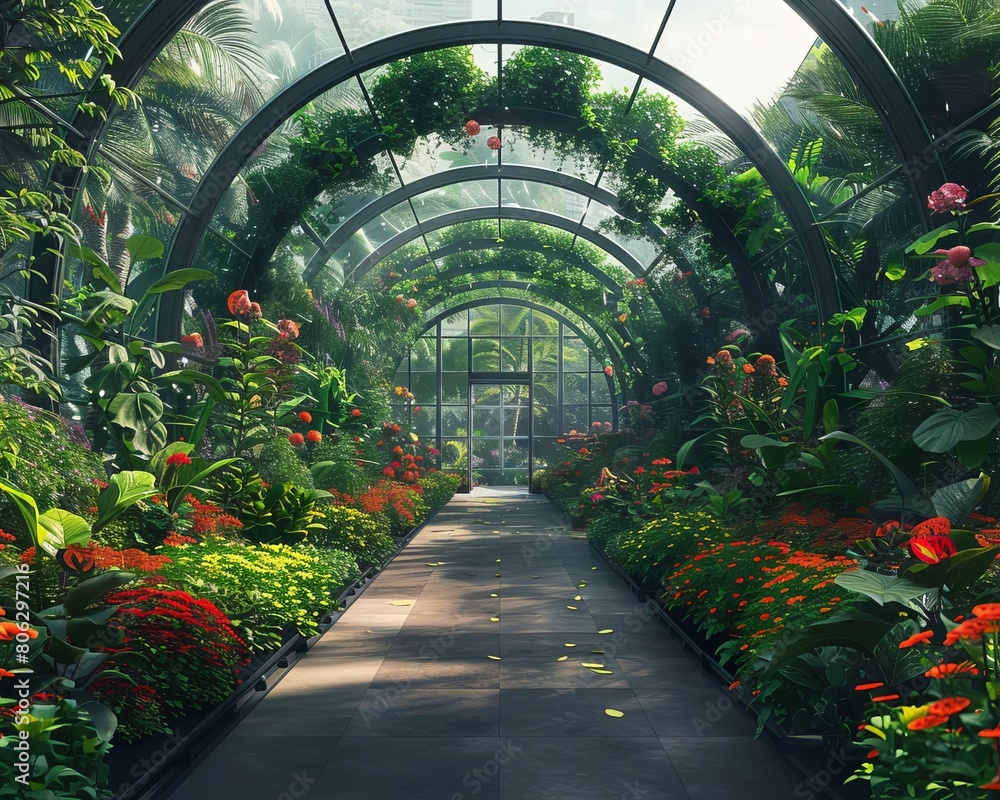 A lush tropical atrium with a curved glass roof and stone pathway. The ...