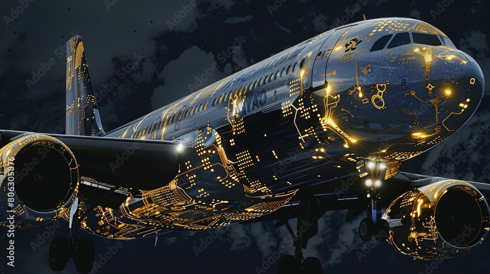 An airplane transformed into a digital twin, with microchip circuitry ...