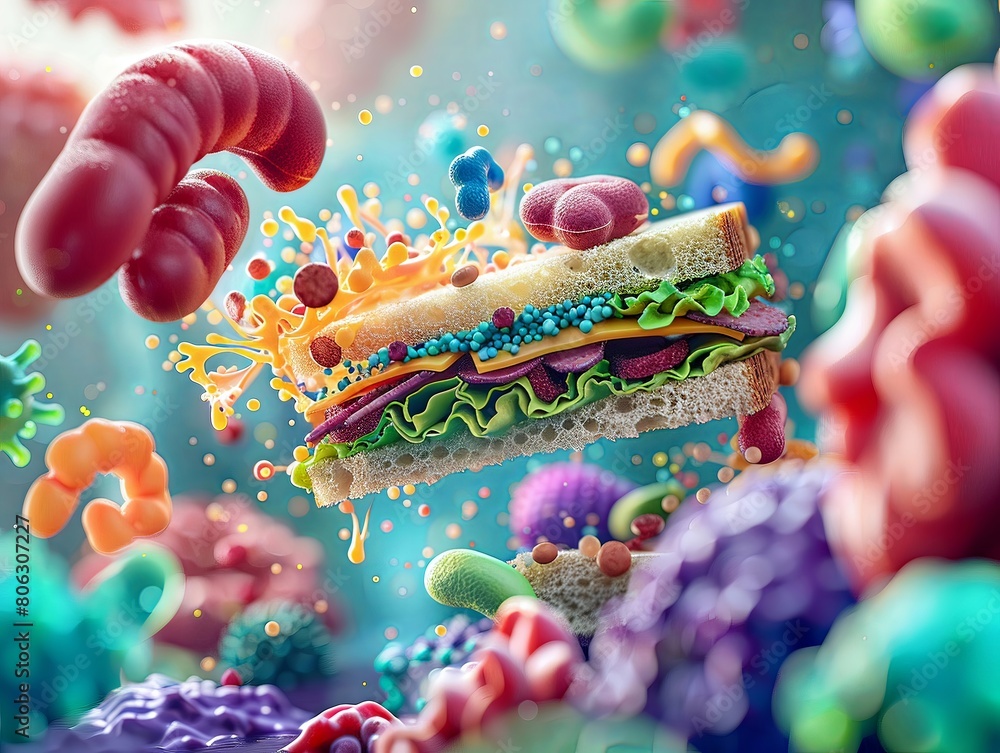 3D cartoon of digestive enzymes playfully breaking down a sandwich in ...