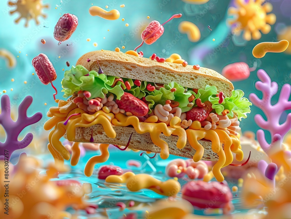 3D cartoon of digestive enzymes playfully breaking down a sandwich in ...