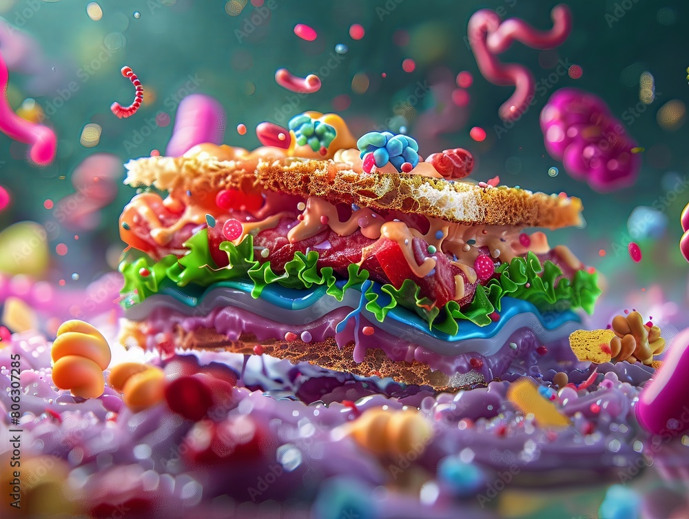3D cartoon of digestive enzymes playfully breaking down a sandwich in ...