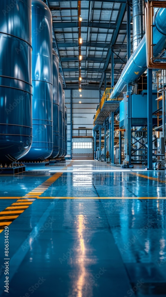 Blue chemical plant interior with large distillation columns Stock ...