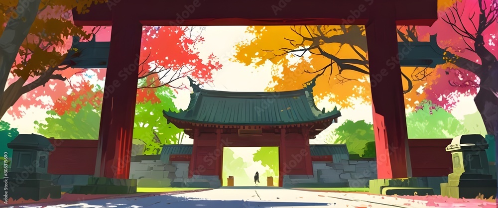 Entrance gate to Asian temple in lush maple forest, clever painterly ...