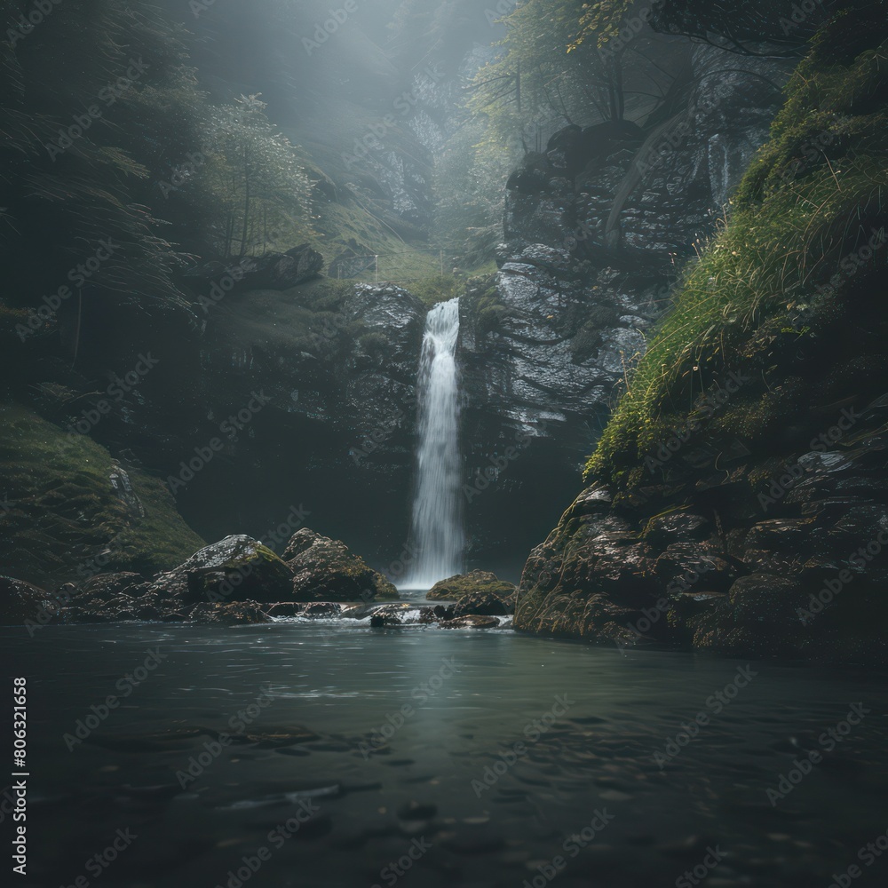 Tucked in a foggy nook, this tall and thin waterfall drops into a ...