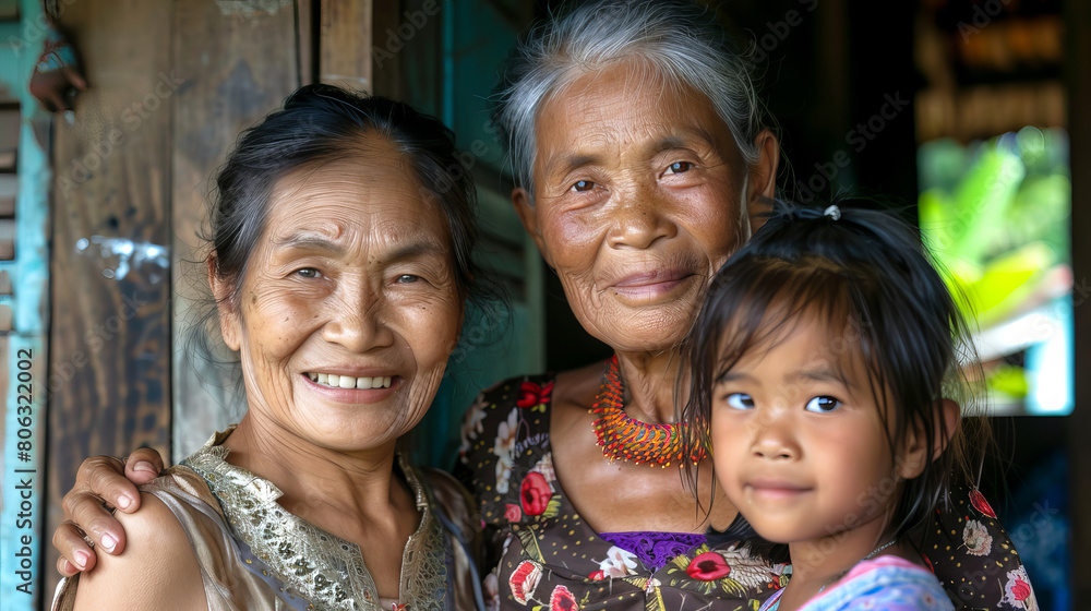 Grandmother, mother, and child girl from Southeast Asia, at home. Warm ...