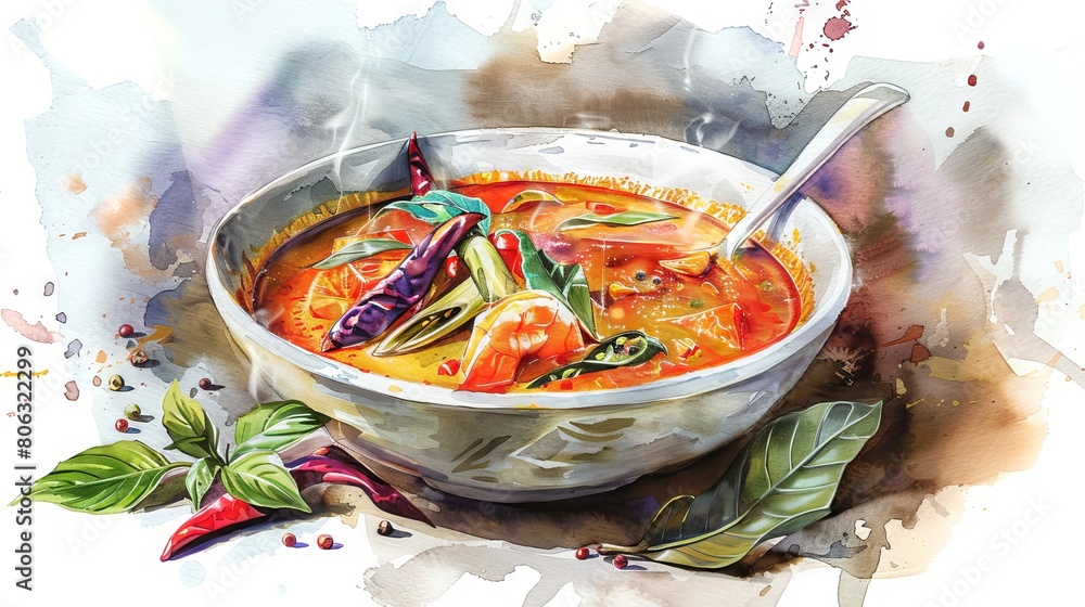 Thai curry in bowl with chicken, basil leaves, chili peppers ...