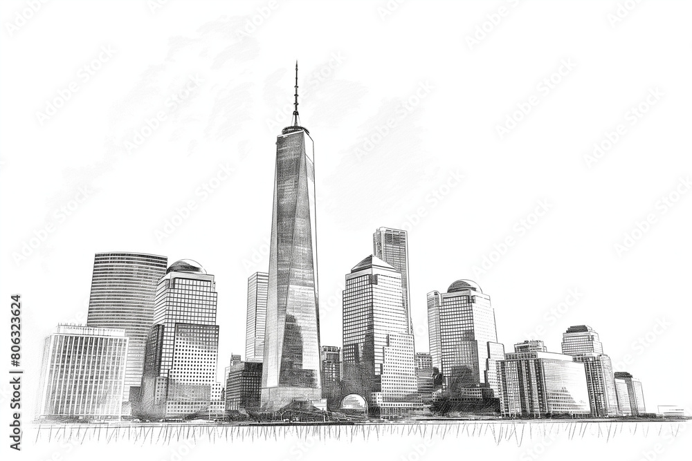 Black and white line drawing illustration of One World Trade Center in ...