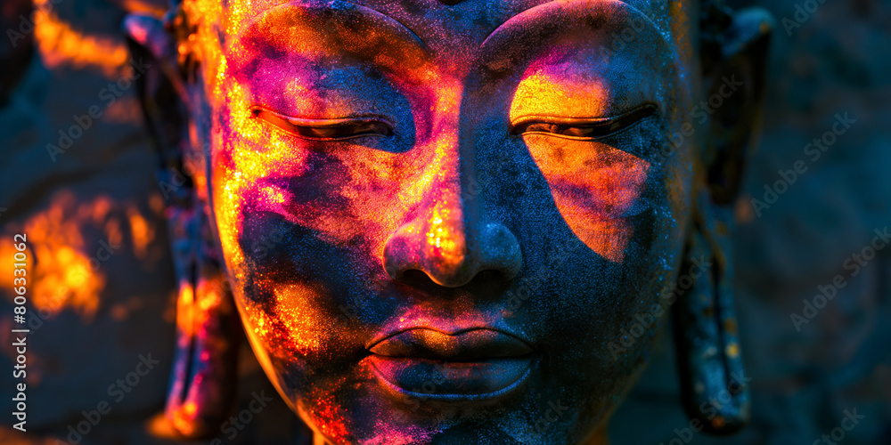 Buddha statue overlaid with vibrant colors and textures, symbolizing a ...