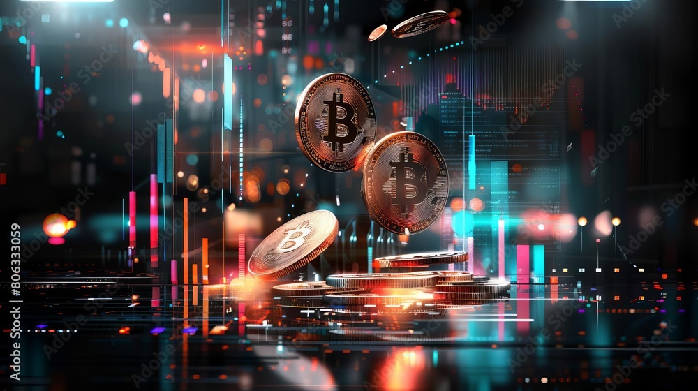 Bitcoin concept art with gold coins raining down, set against a dark ...