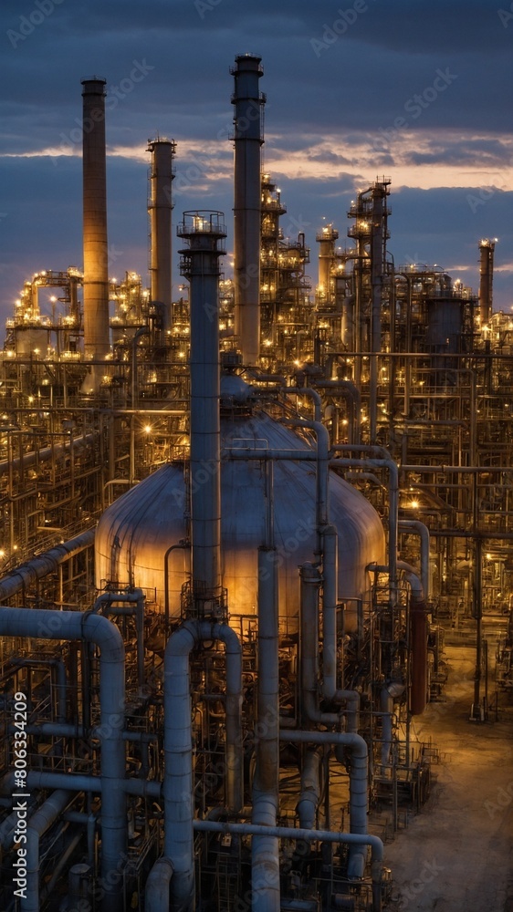 Large industrial complex with numerous towers, pipes, tanks stands ...