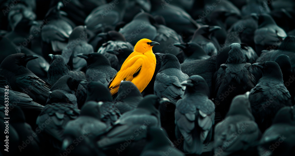 One yellow bird against all the black birds. Different from others, not ...
