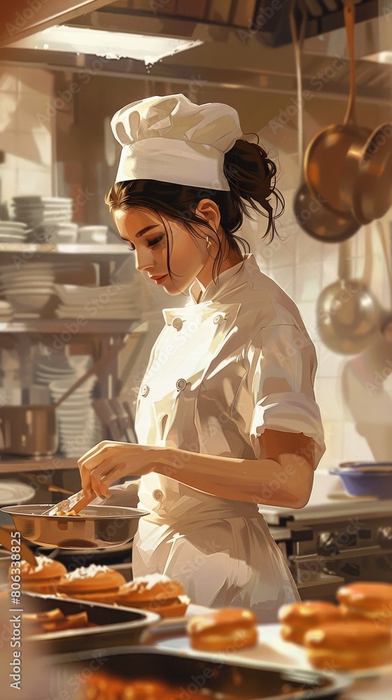 Show a pastry chef preparing desserts in a busy kitchen, doubting her ...