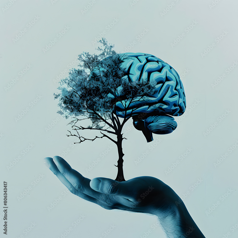 Symbolic Monochrome Hand with Cyan Brain-Tree: Conceptual Art Piece ...