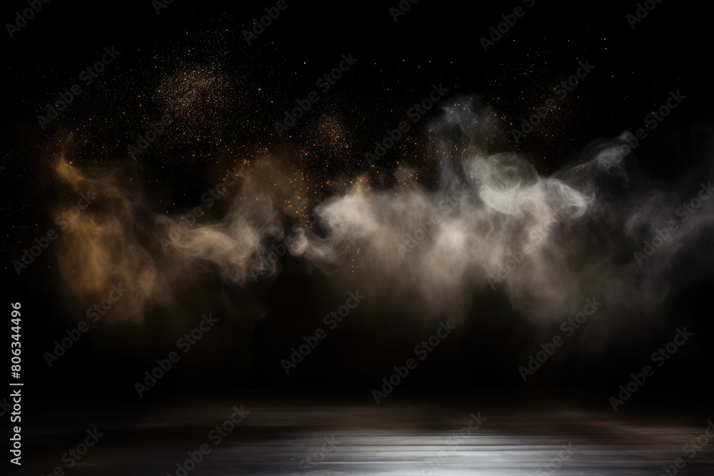 Black smoke empty scene background with spotlights mist fog with gold ...