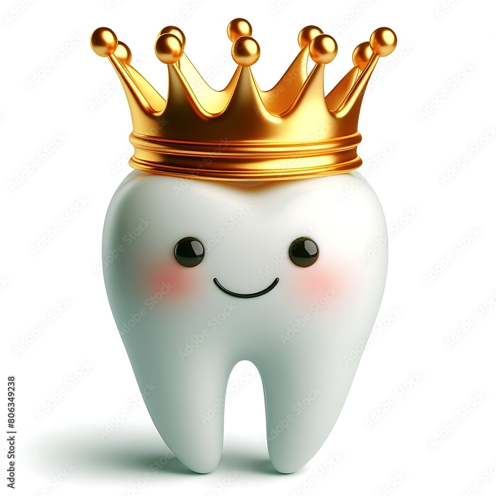 The image depicts a cheerful cartoon tooth crowned with gold ...