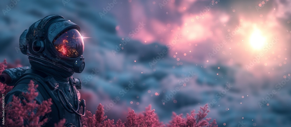 Astronaut in space suit observing cosmic landscape near purple flower ...