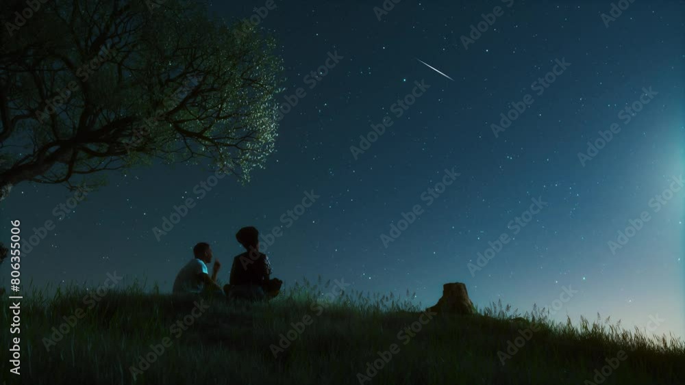 Guy and girl talking under the night sky. Shooting star in the night ...