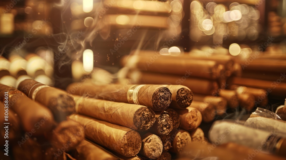 A close-up of a variety of cigars in a luxurious cigar lounge, detailed ...