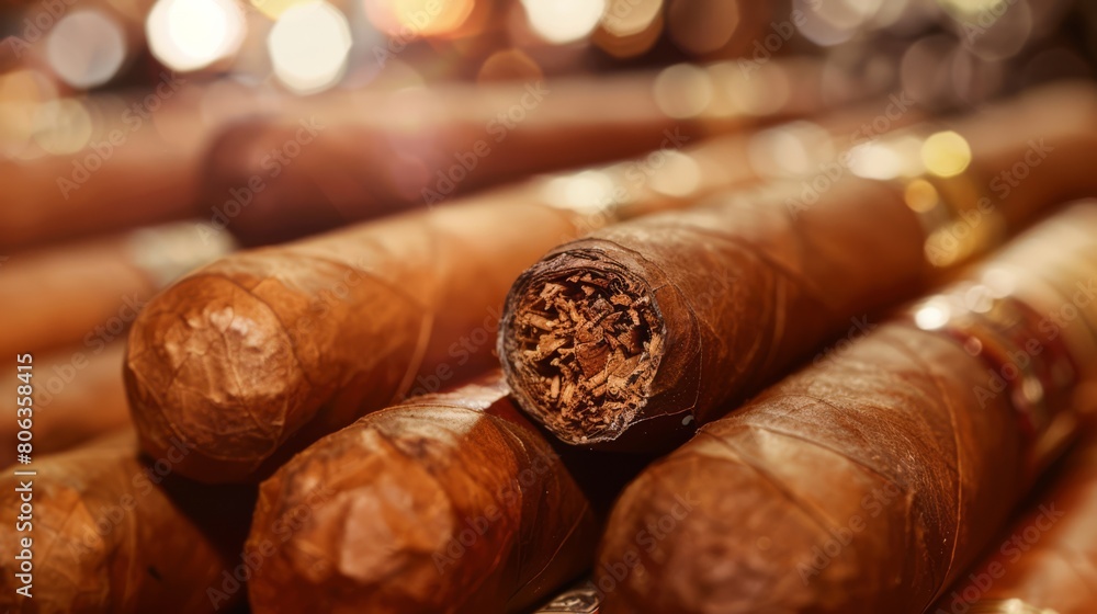 A close-up of a variety of cigars in a luxurious cigar lounge, detailed ...