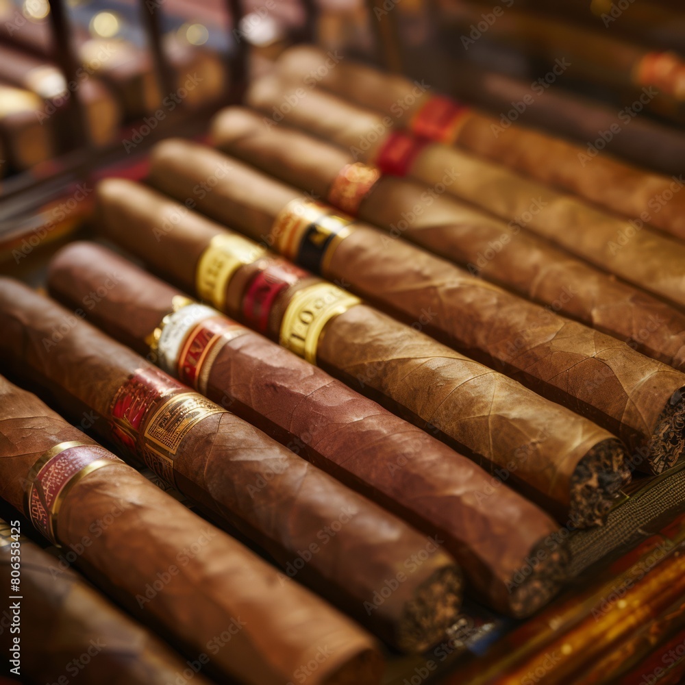 A close-up of a variety of cigars in a luxurious cigar lounge, detailed ...