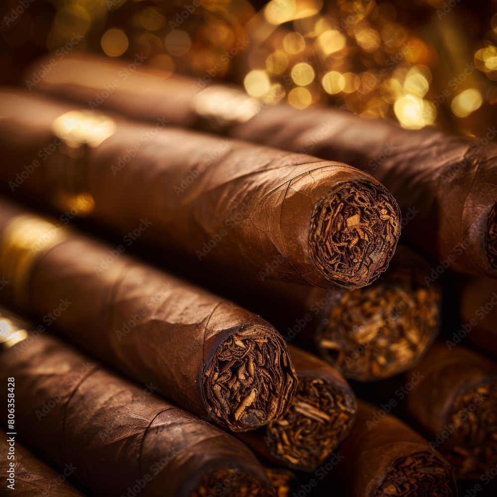 A close-up of a variety of cigars in a luxurious cigar lounge, detailed ...