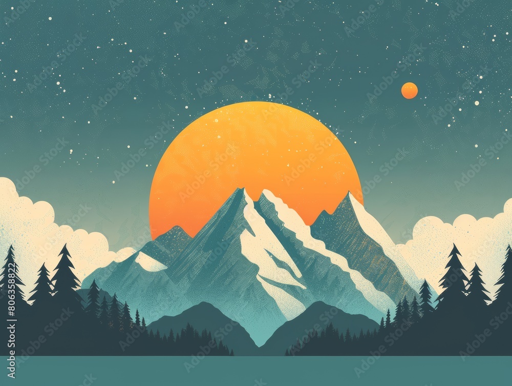 A flat vector illustration of the sun rising behind a mountain range ...