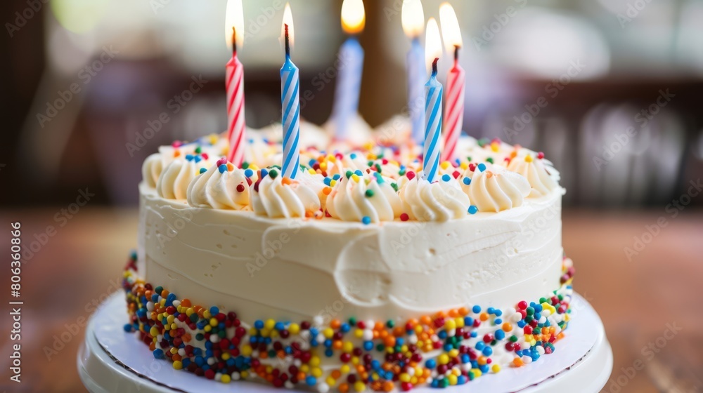 A high quality detailed photograph of a simple birthday cake. the top ...