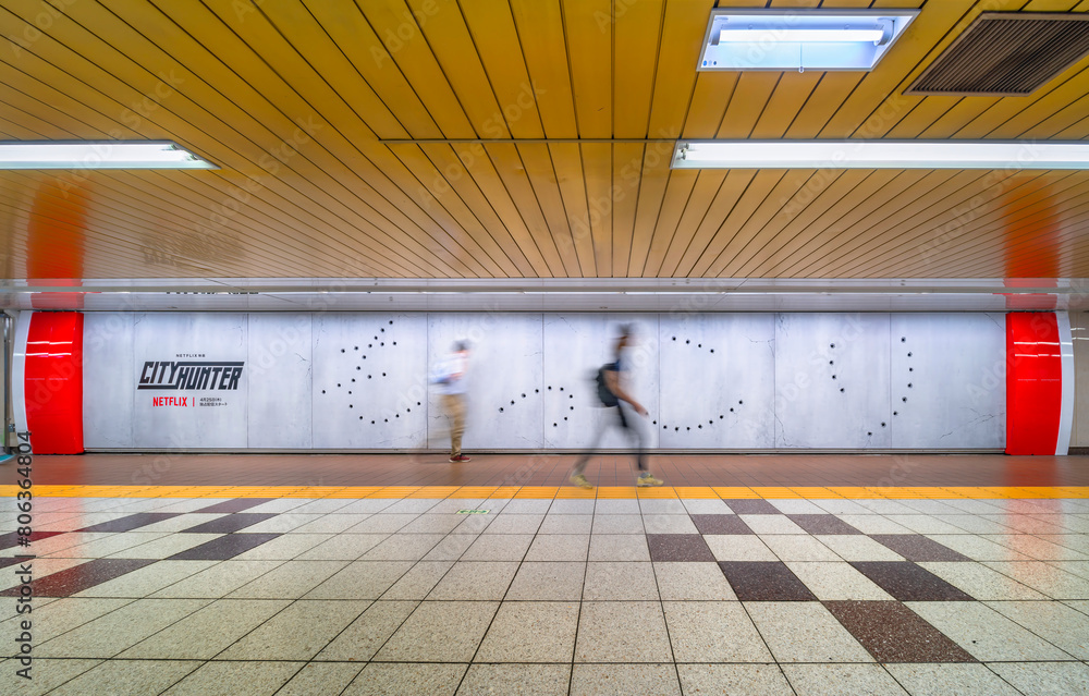 tokyo, japan - apr 28 2024: Poster in the corridors of the Shibuya ...