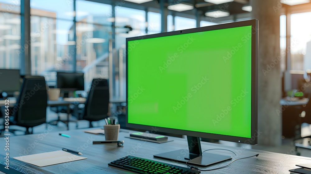 Modern Office Workspace with Green Screen Monitor Setup. Clean and ...