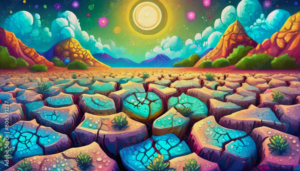 oil painting style cartoon illustration cracked earth parched land arid ...
