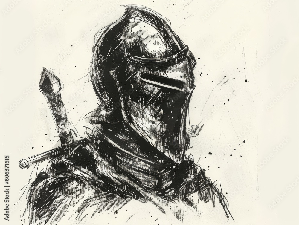 Loose pen and ink drawing, head and shoulders of a knight, black and ...