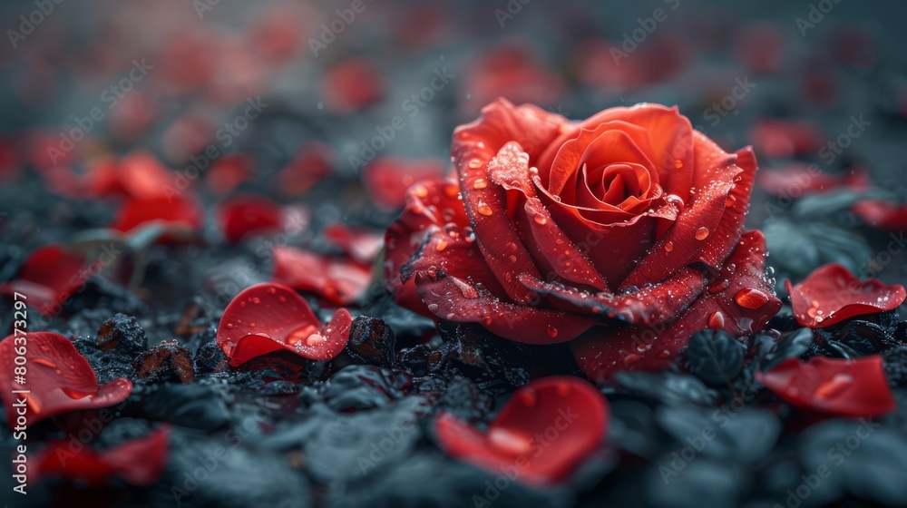 Red rose shaped in a heart, in a feild of black roses, hyper quality ...
