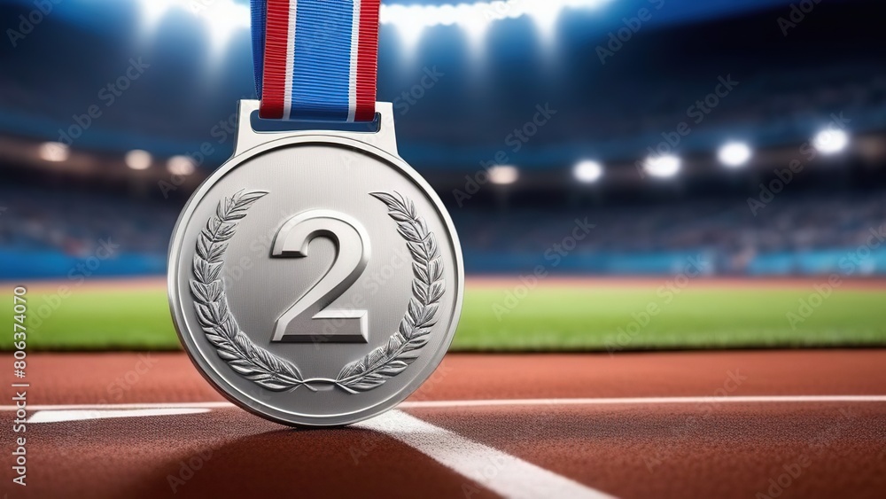 Close-up of a silver medal against the background of a blurred Olympic ...