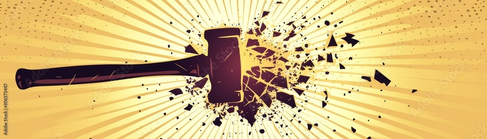 The image shows a gavel breaking through a stone. The gavel is made of ...